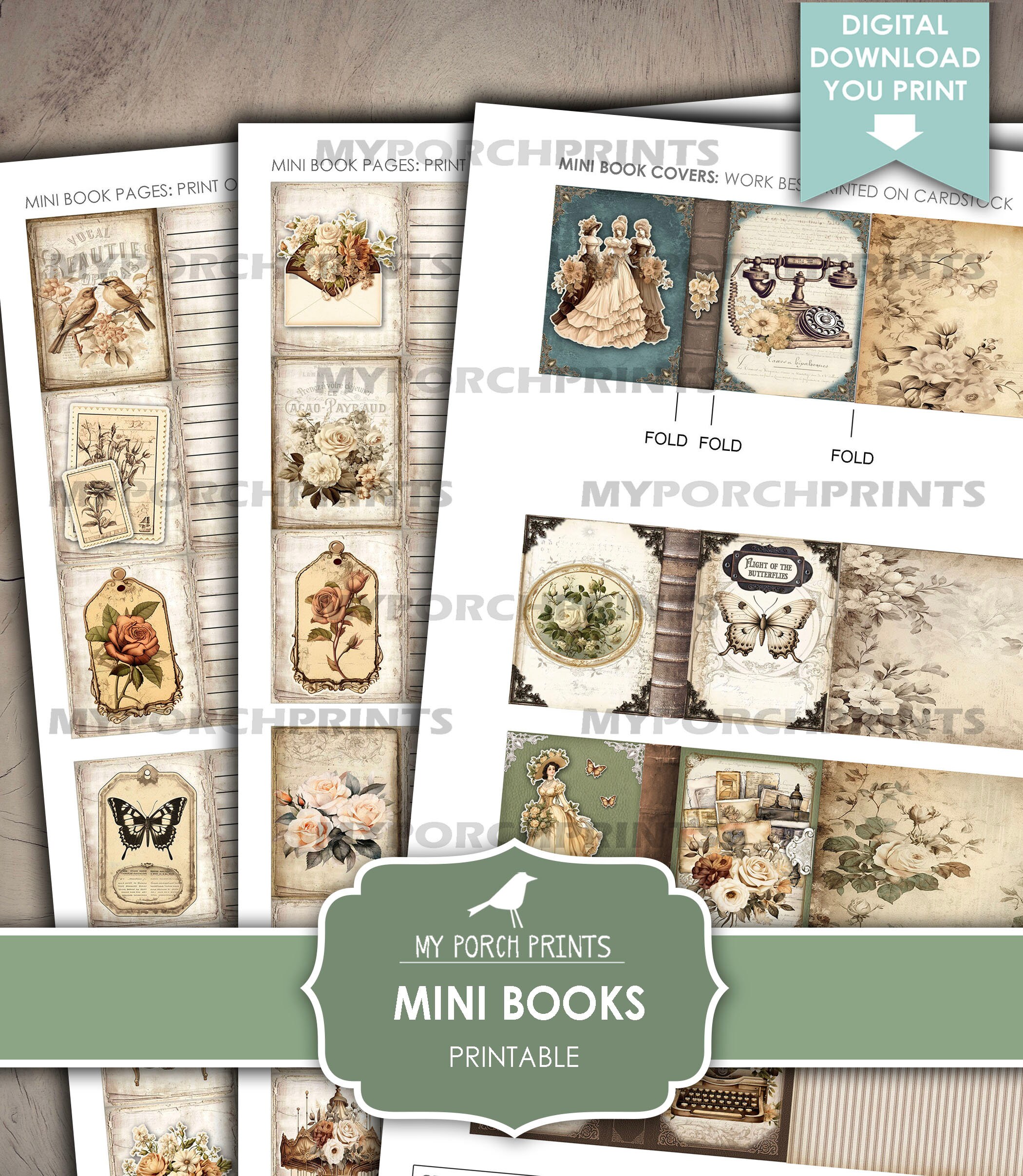Mini Books, Sepia and Ivory, Junk Journal, Vintage, Miniature, Neutral ...
