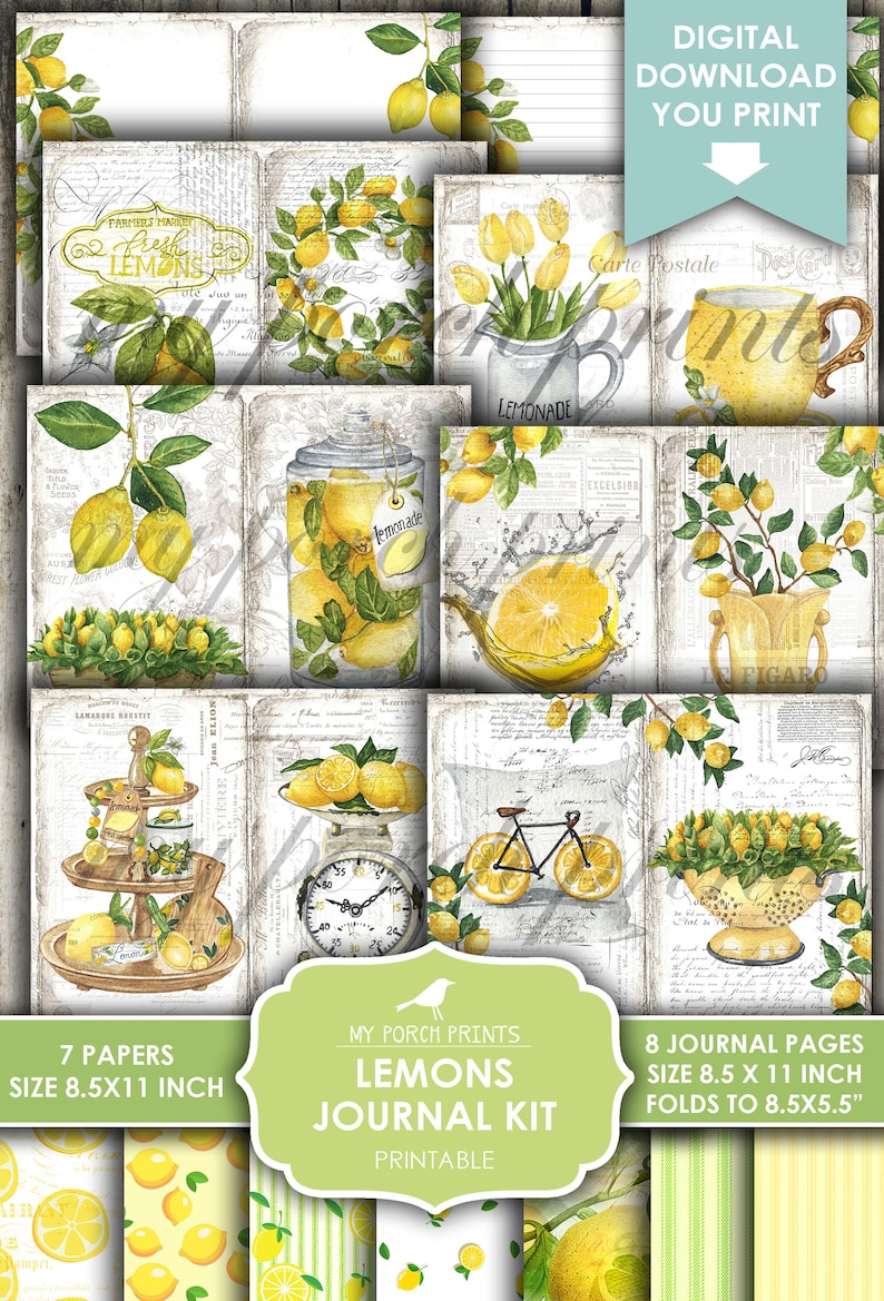 Lemons Junk Journal Kit, Yellow, Recipe Book, Fruit, Summer, Green ...
