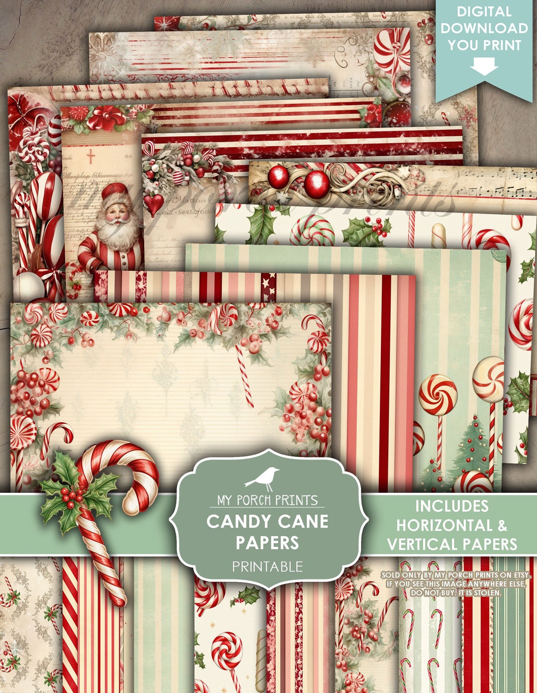 Candy Cane PAPERS, Junk Journal, Peppermint, Christmas, Red, White ...