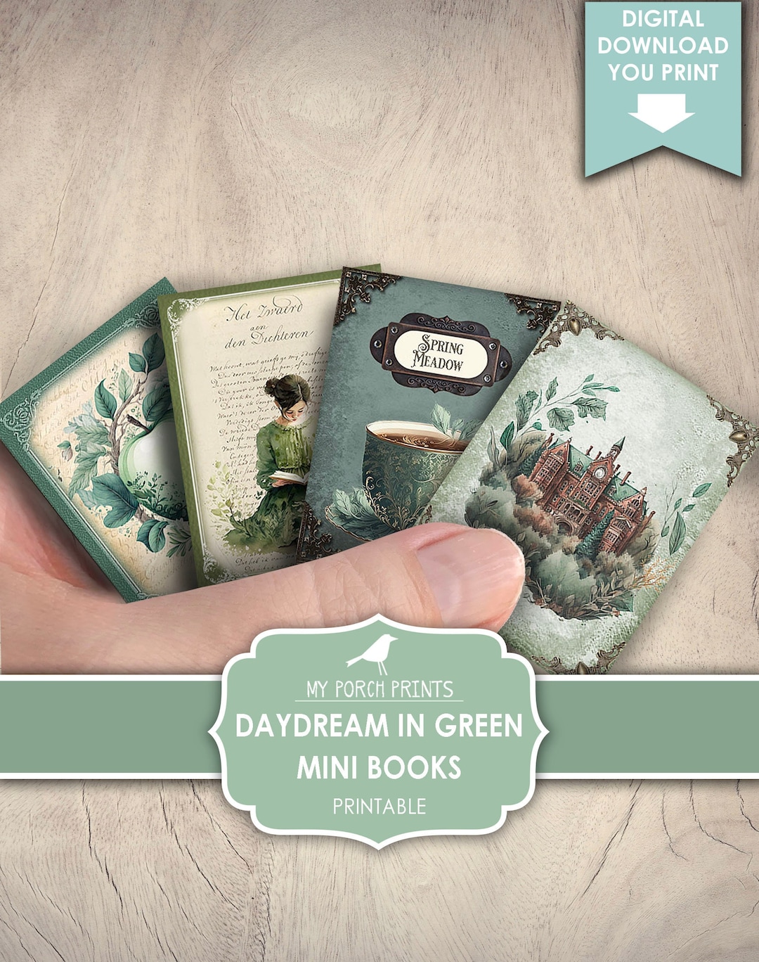 Mini Books, Daydream in Green, Junk Journal, Miniature, Green ...