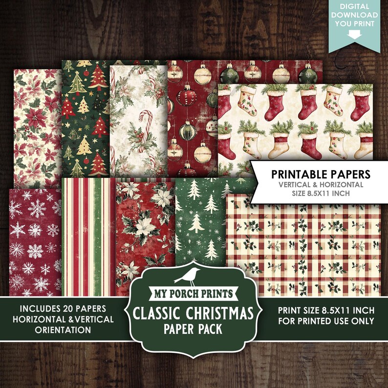 Classic Christmas Paper Pack, Junk Journal, Holiday, Merry, Red, Green ...