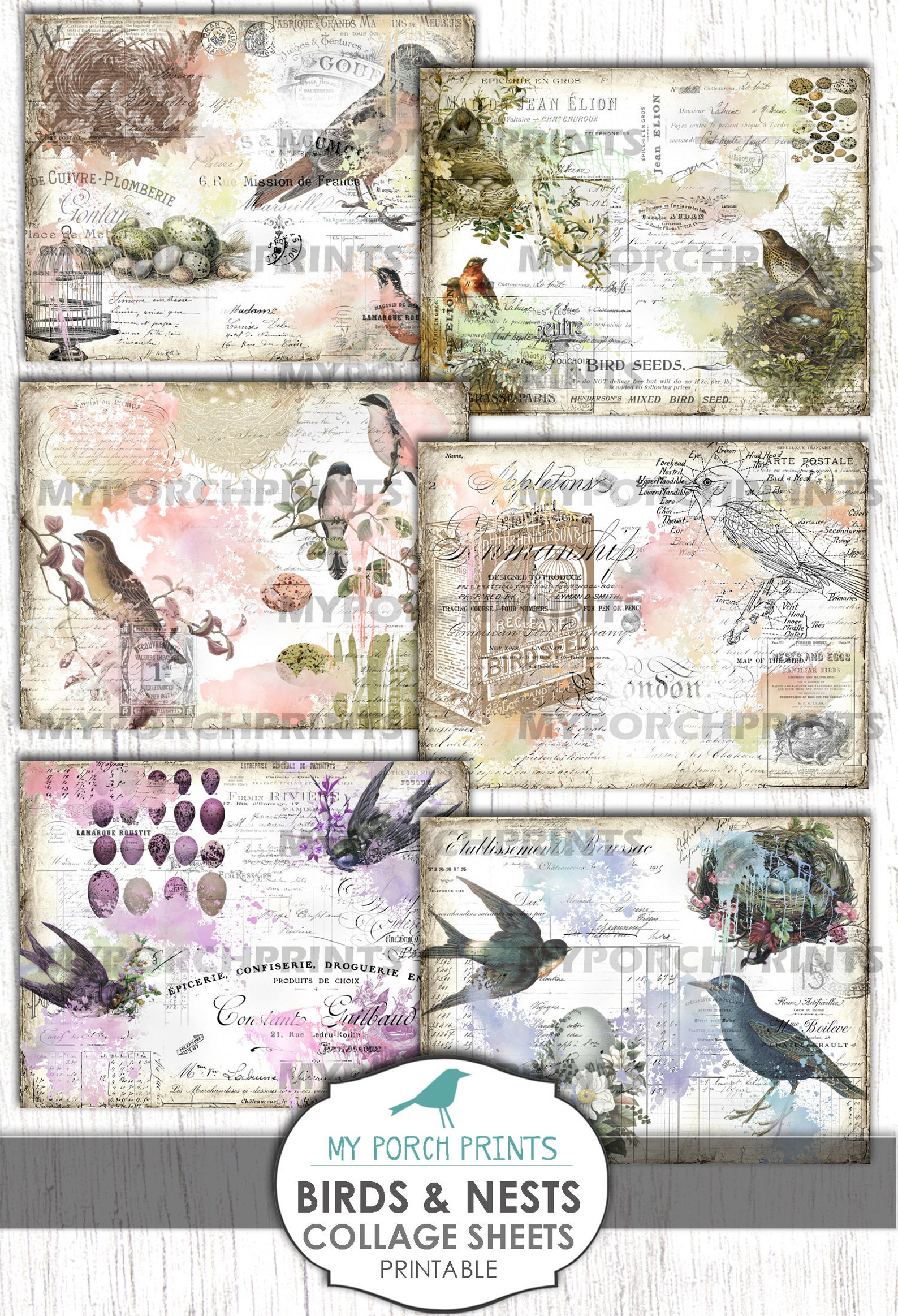 Bird, Nest, Collage Sheet, Journal Page, Watercolor, My Porch Prints ...