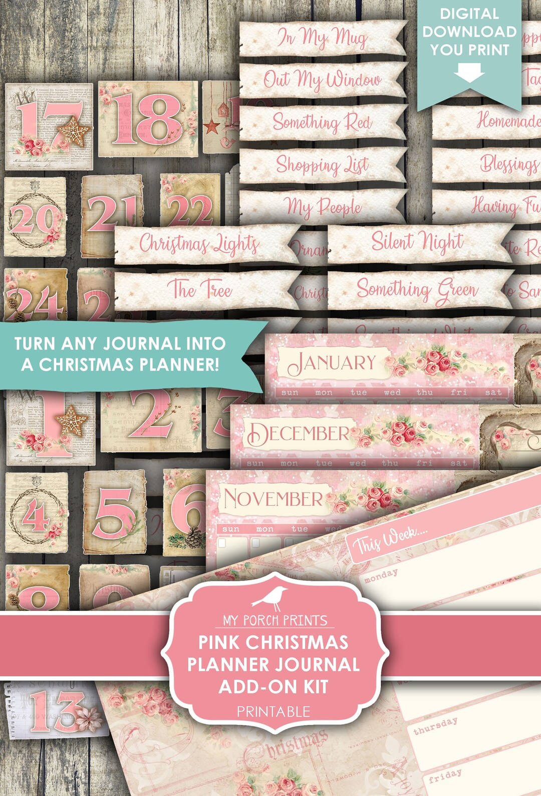 Pink Christmas, Junk Journal, Planner, Add on Kit, December Daily ...