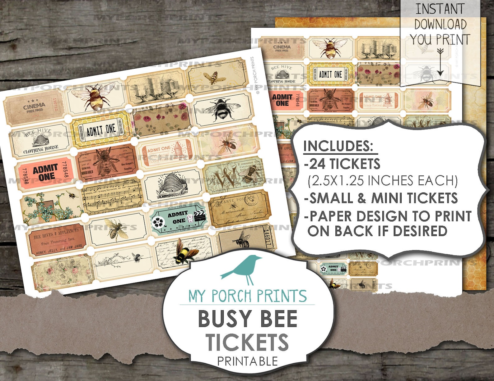 Busy Bee Tickets Printable Ephemera Junk Journal Kit | Etsy