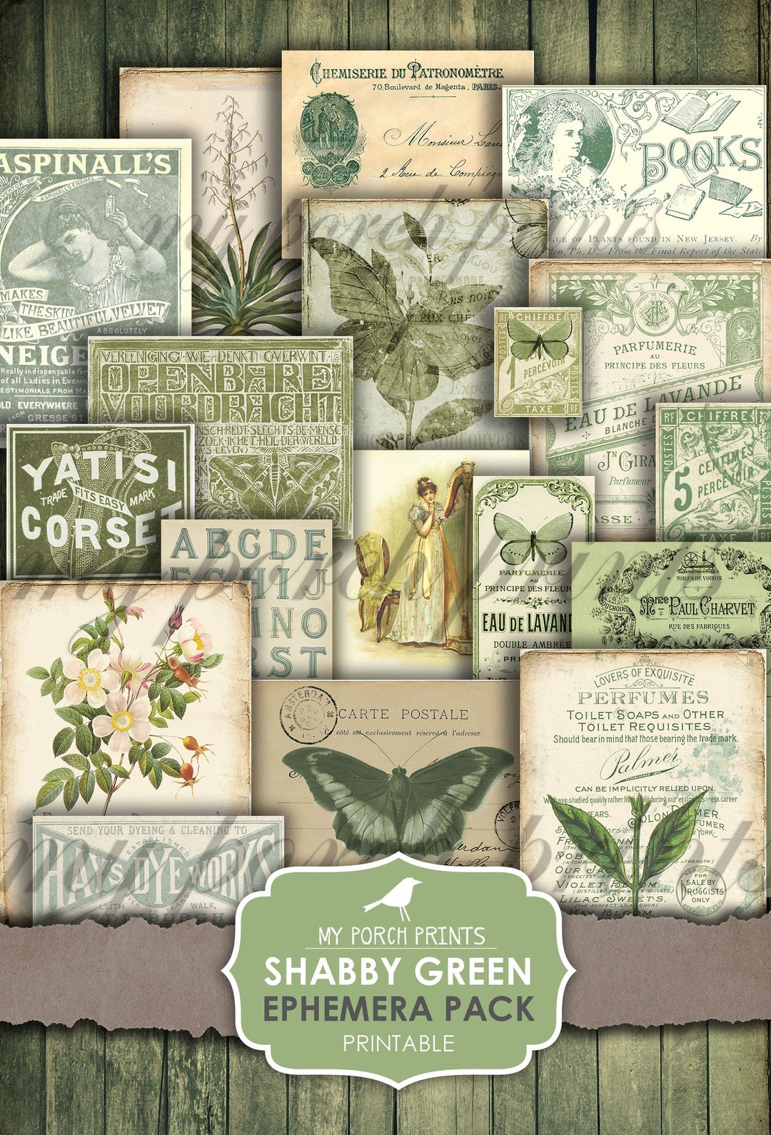 Shabby, Green, Ephemera, Pack, Junk Journal, Butterfly, Tags, My Porch ...
