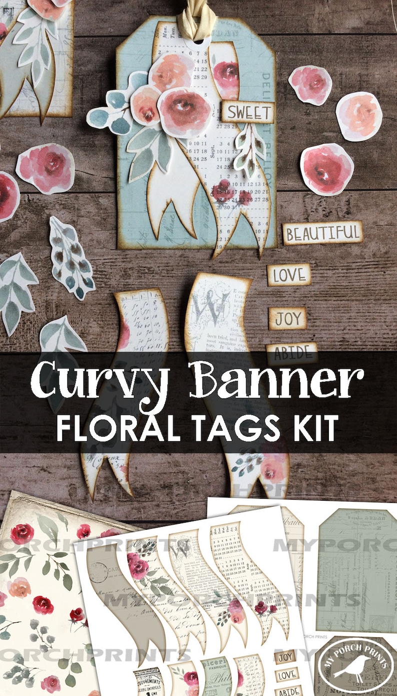 Curvy Banner Floral Tags Junk Journal Kit Printable | Etsy
