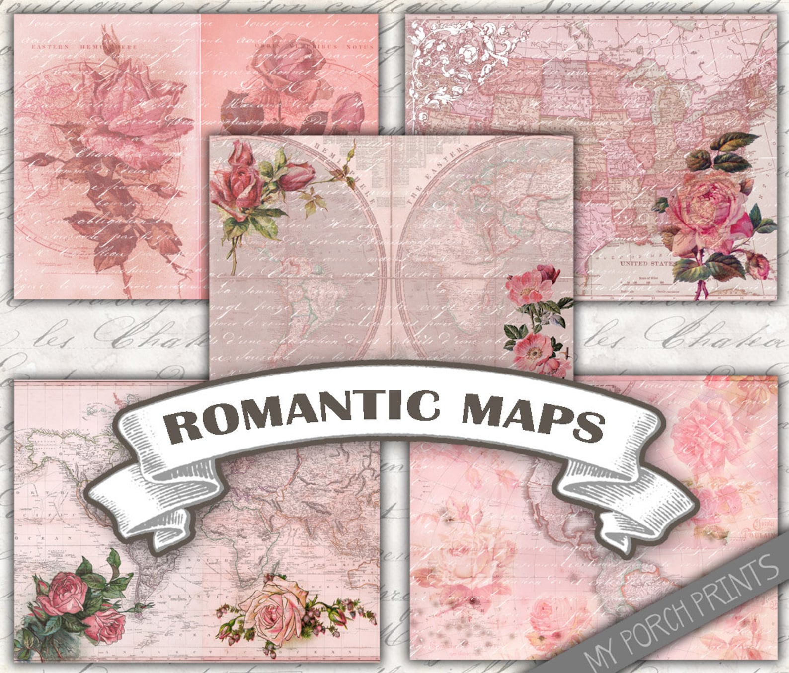Junk Journal, Maps, Shabby, Pink, Romantic Maps, Printable Paper ...