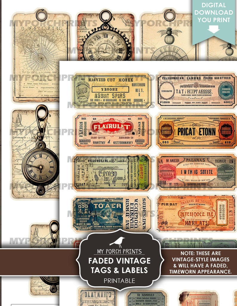 Junk Journal Faded Vintage Tags Labels, Grunge, Steampunk, Men Number ...