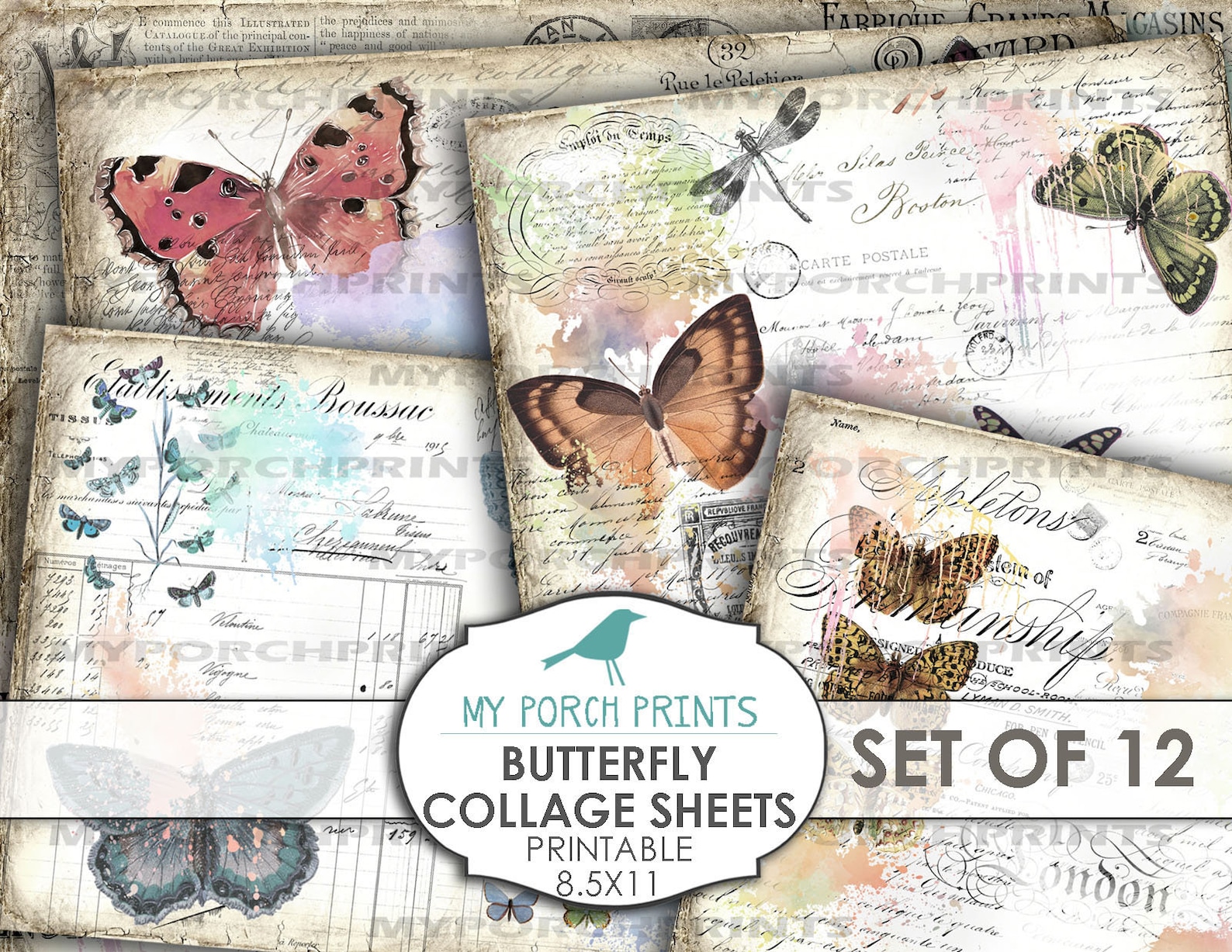 Butterfly Collage Sheet, Journal Page, Watercolor, My Porch Prints ...