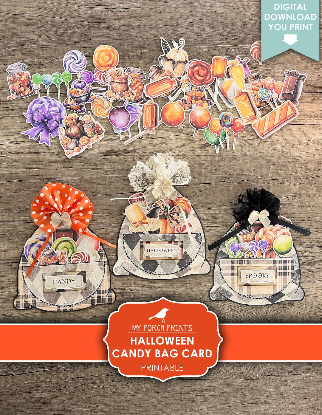 Halloween Candy Bag Card, Template, Kit, Junk Journal, Craft, Halloween ...
