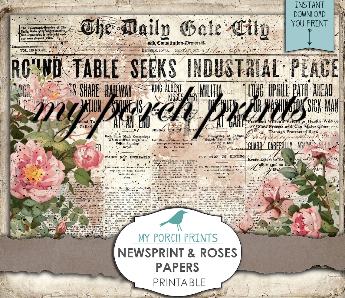 Newspaper Roses, Printable, Paper, Newsprint, Junk Journal, Digital Kit ...