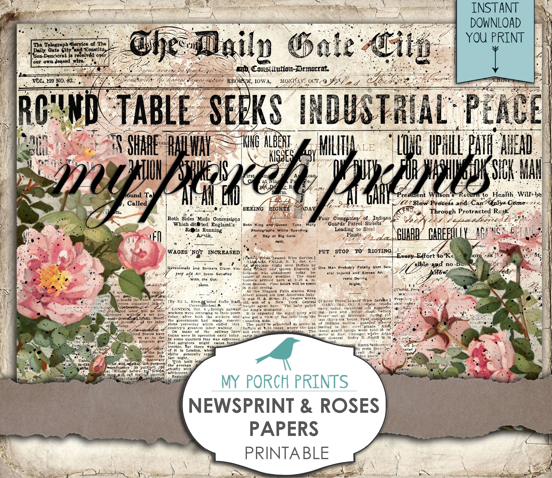 Newspaper Roses, Printable, Paper, Newsprint, Junk Journal, Digital Kit ...