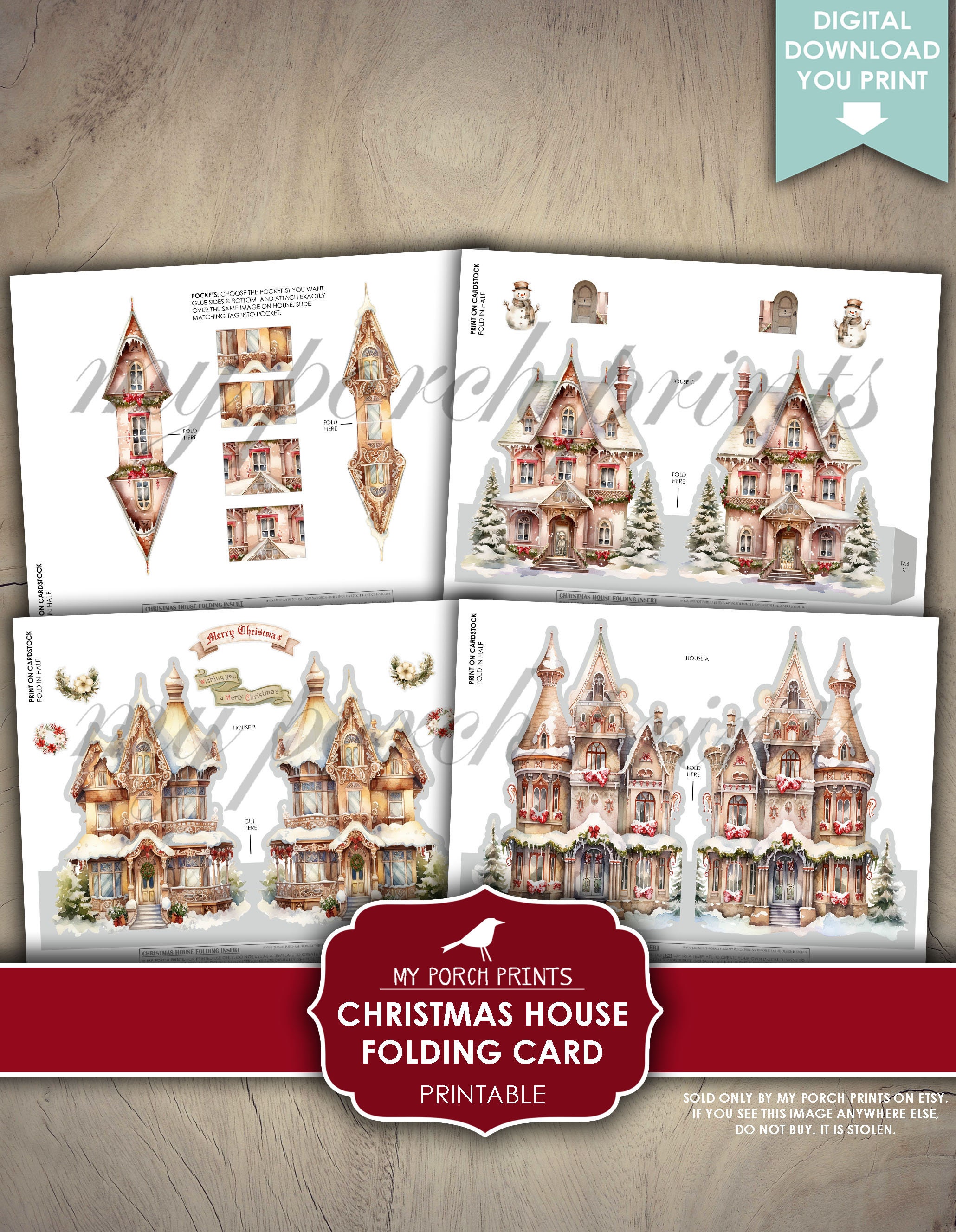 Christmas House Folding Card, Junk Journal, Insert, Kit, 3D, Craft ...