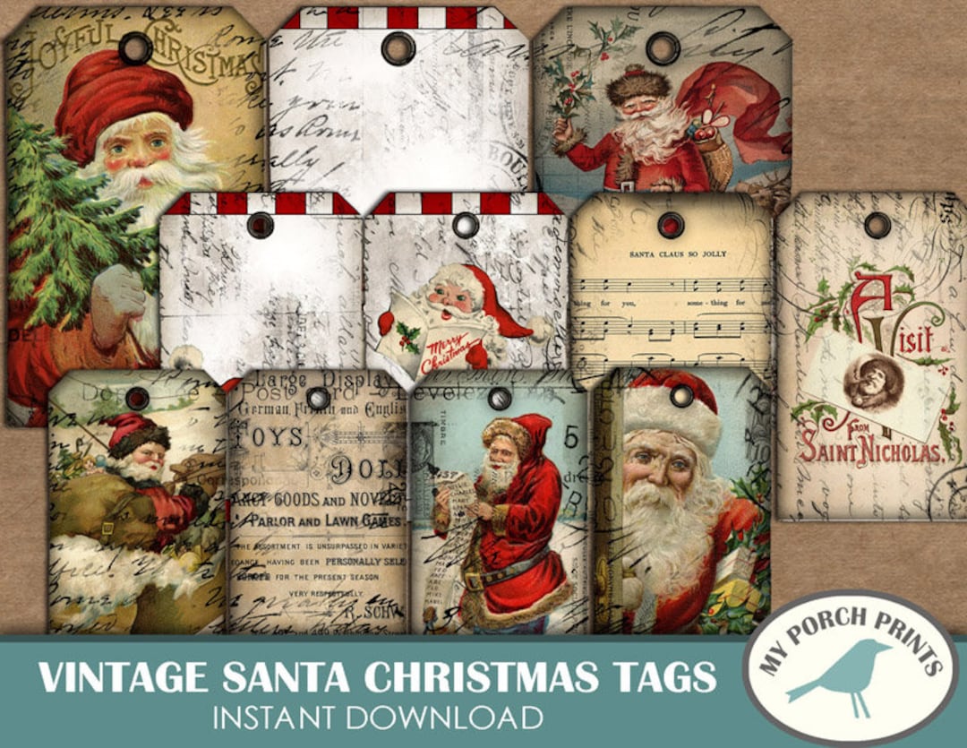 Vintage Santa Christmas Tags, Gift Tag, Scrapbook, Junk Journal ...