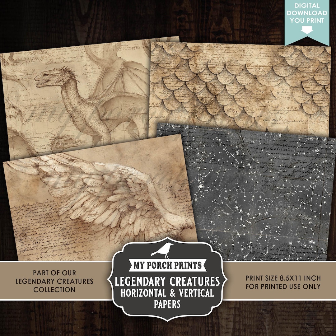 Legendary Creatures Junk Journal Papers, Horizontal & Vertical Magical ...