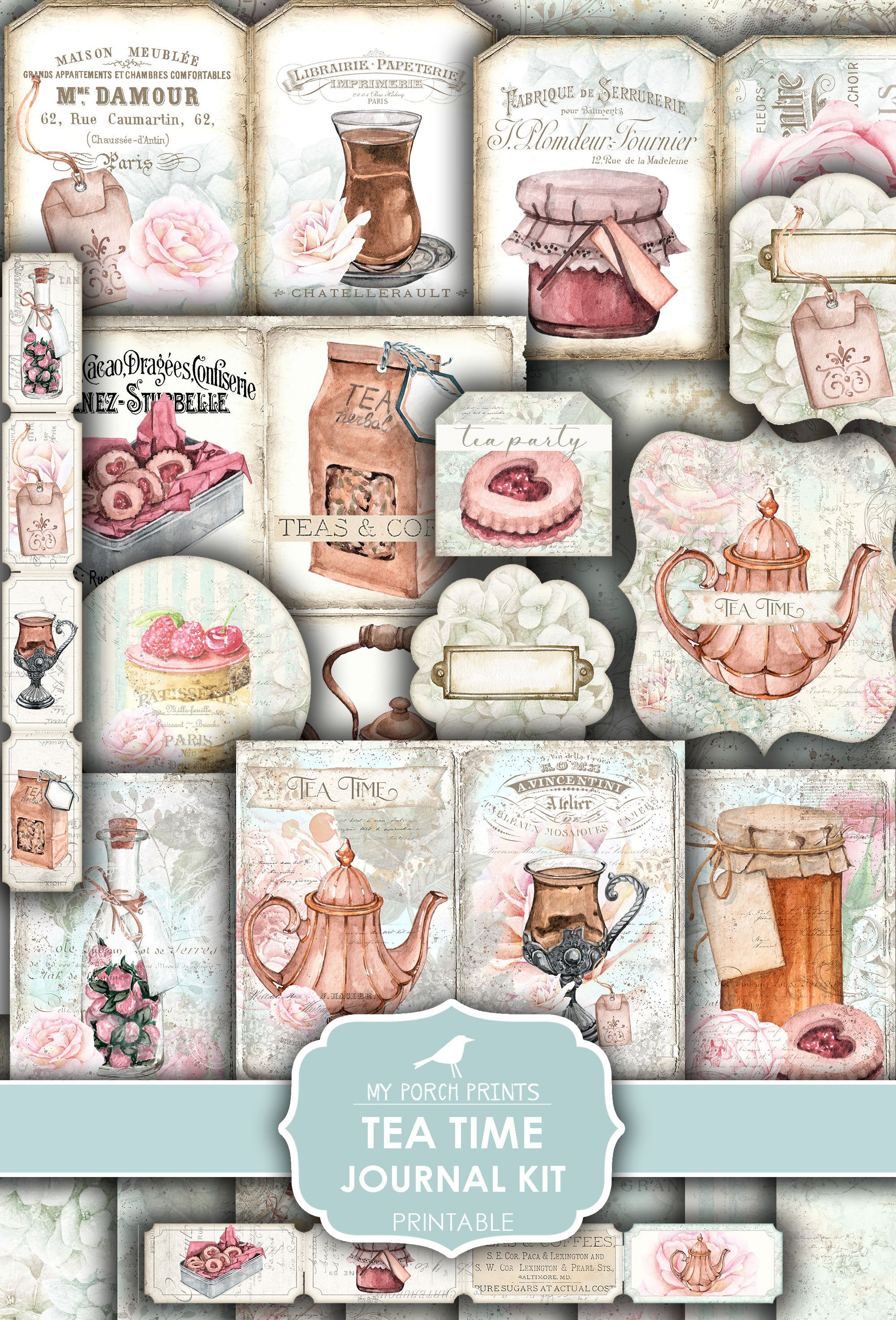Junk Journal Kit, Tea Time, Tea Party, Vintage, Shabby Chic, Pink, Blue ...