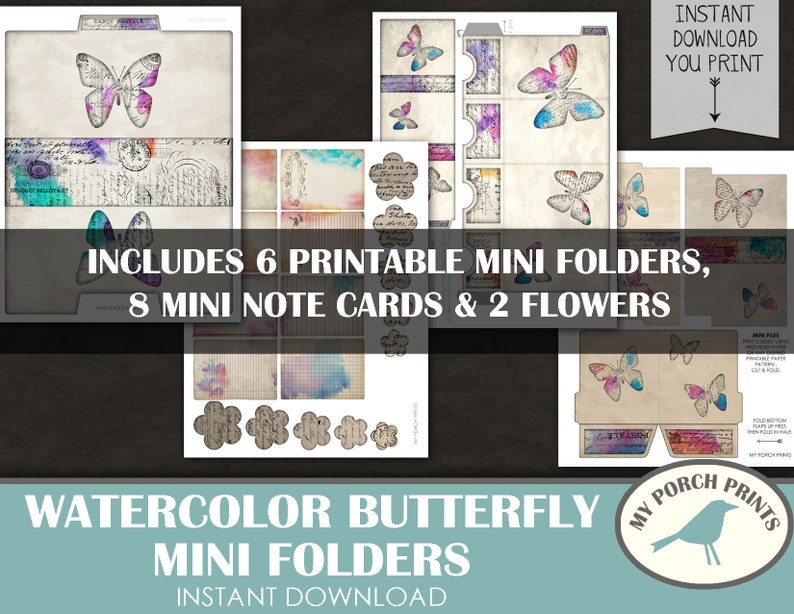 Watercolor, Butterfly, Mini File Folders, Scrapbook, Junk Journal Kit ...