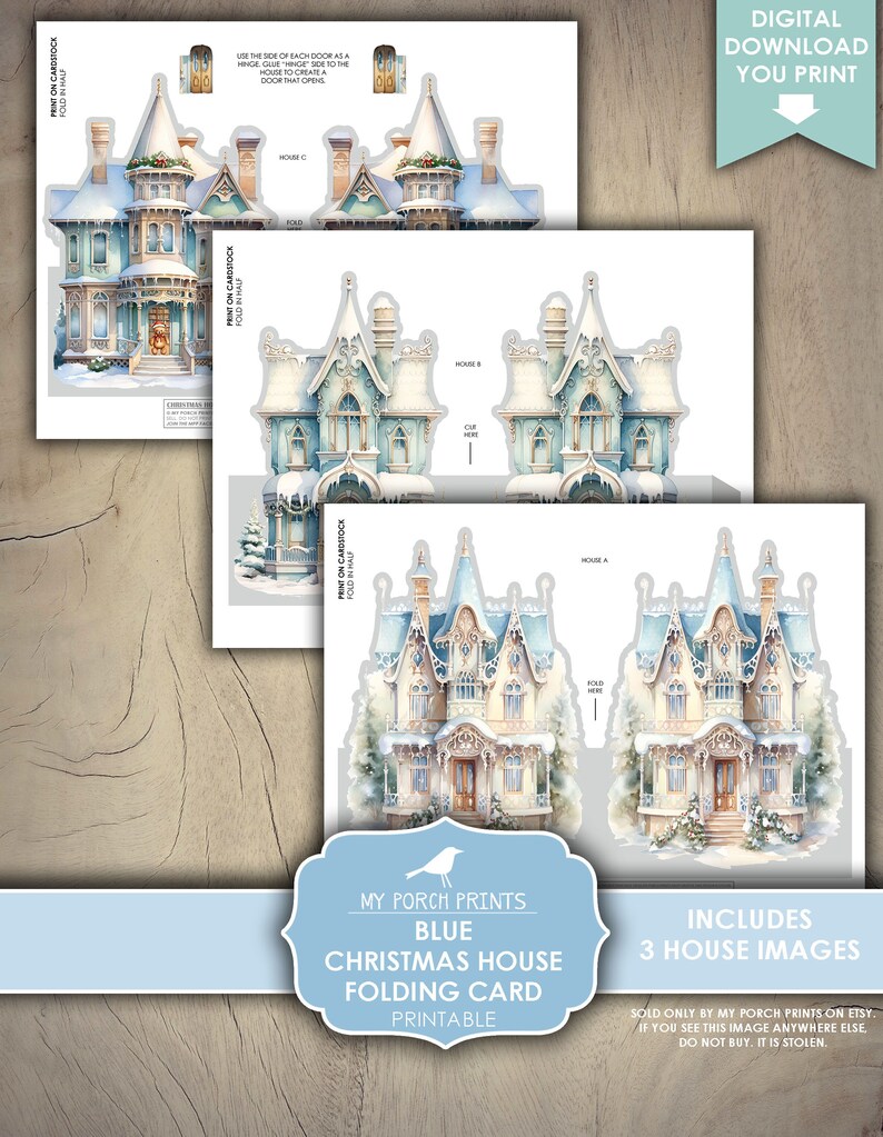 Blue Christmas House Folding Card, Junk Journal, Insert, Kit, 3D, Craft ...