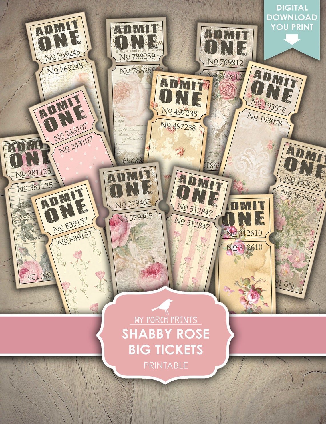 Junk Journal Tickets Shabby Rose Big Large Vintage - Etsy