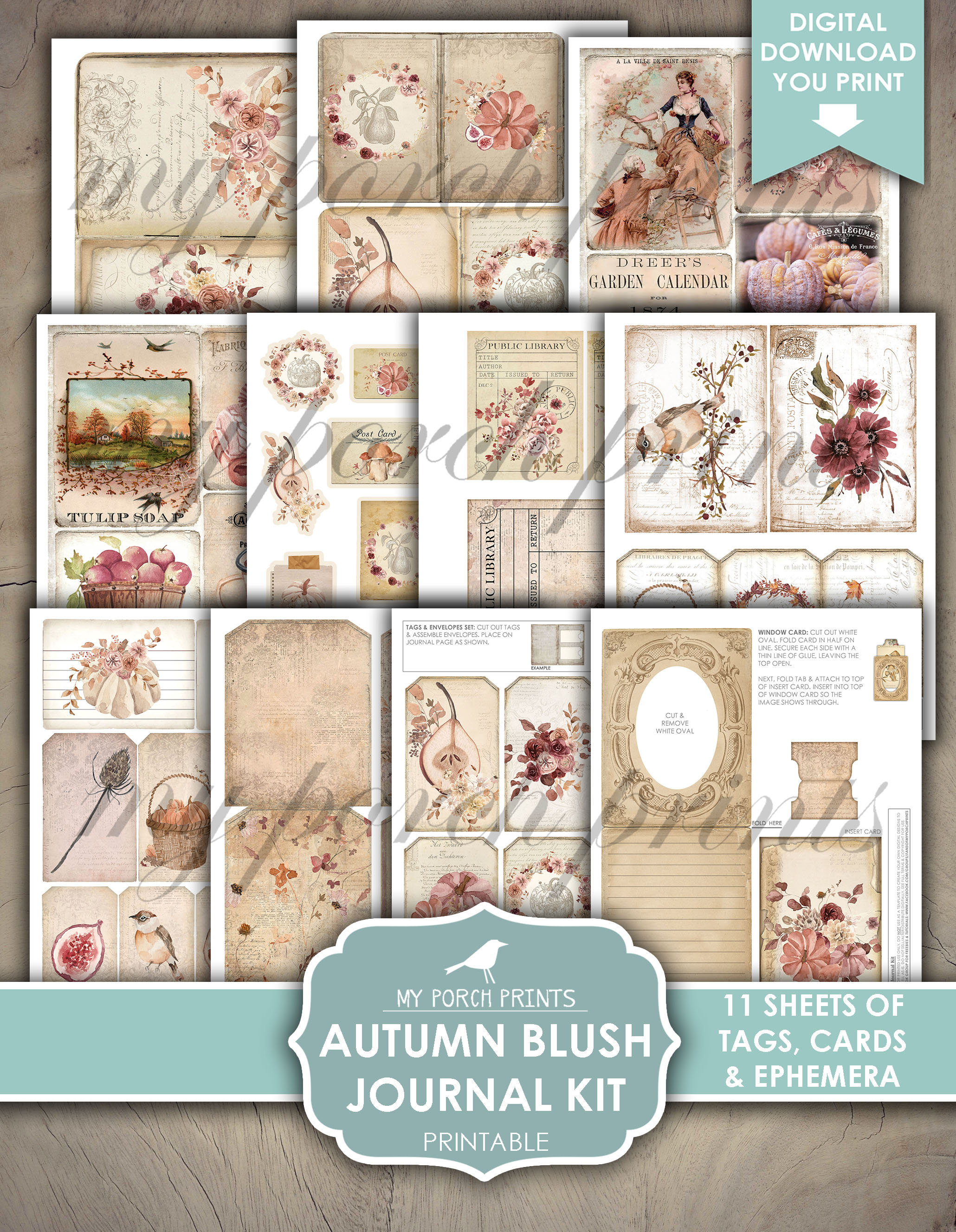 Junk Journal Kit, Autumn, Blush, Fall, Pumpkin, Pink, Apple, Paper ...
