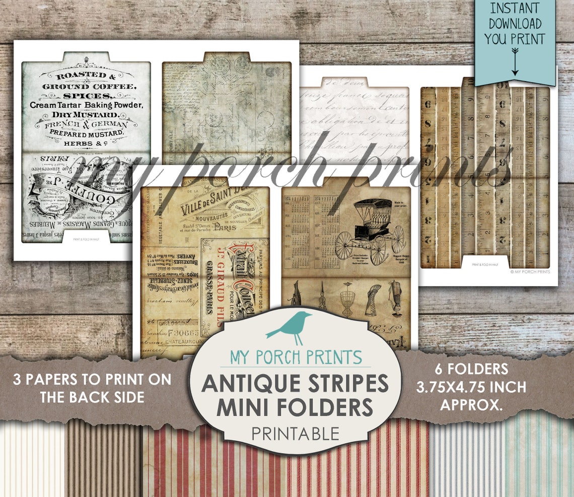 Mini File Folders, Antique, Ticking Stripes, Junk Journal Kit, Ephemera ...