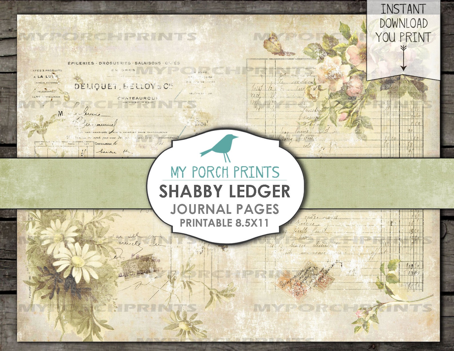 Shabby Ledger Journal Pages, Collage Sheet, Floral, Flowers, Book ...