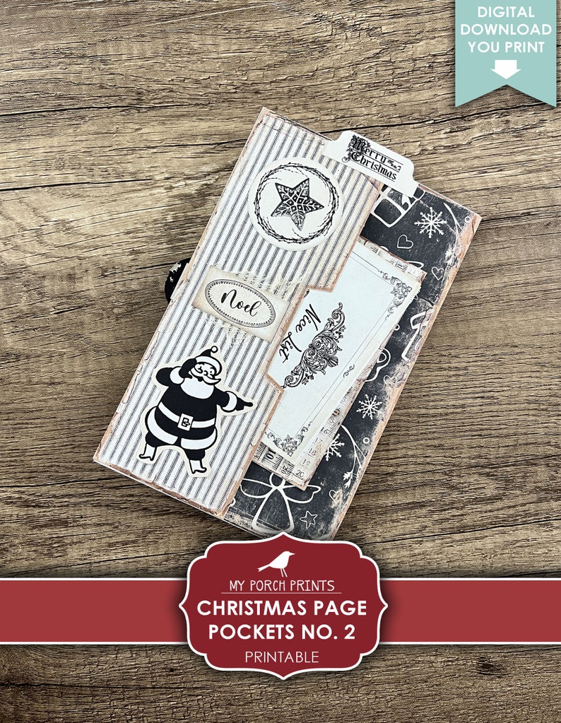 Christmas Page Pockets No. 2, Junk Journal, Folio, Folder, Black, White ...