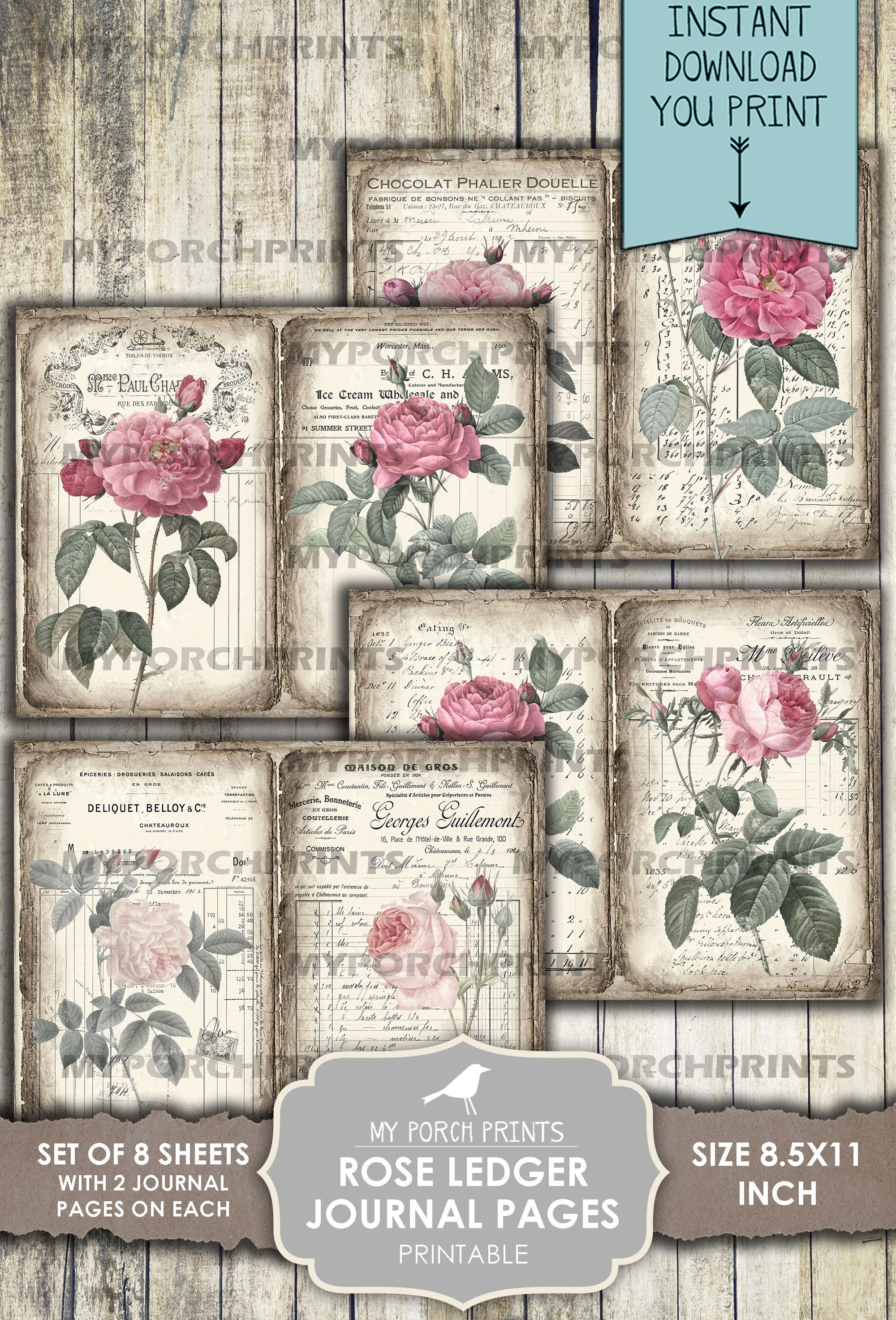 Junk Journal, Rose, Ledger, Journal Pages, Printable Papers, Junk ...