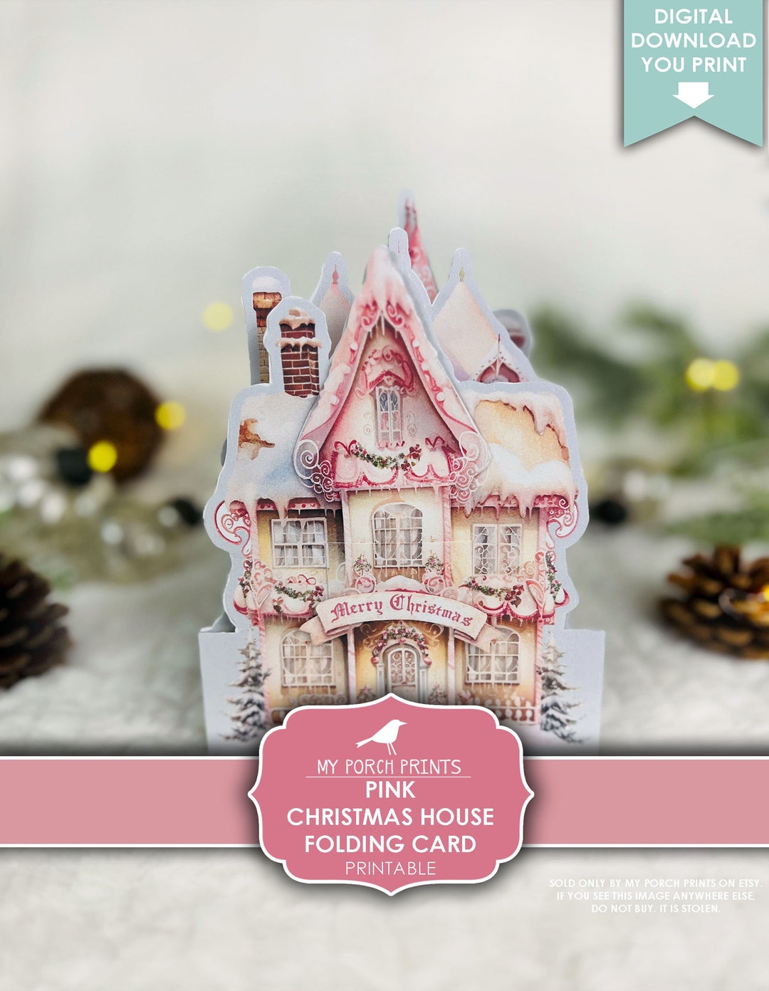 Pink Christmas House Folding Card, Junk Journal, Insert, Kit, 3D, Craft ...