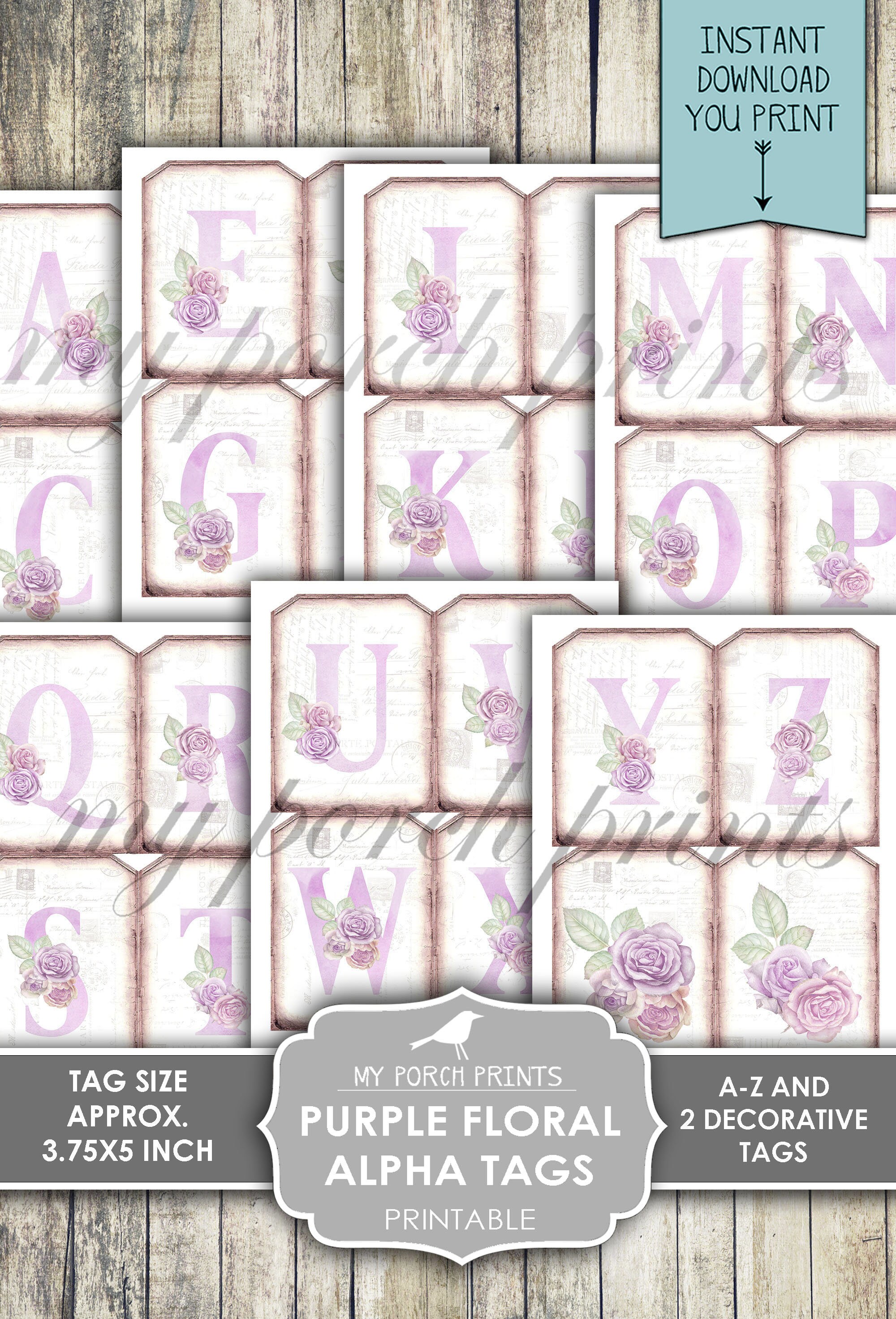 Alpha Tags Purple Floral Junk Journal Printable Girl | Etsy