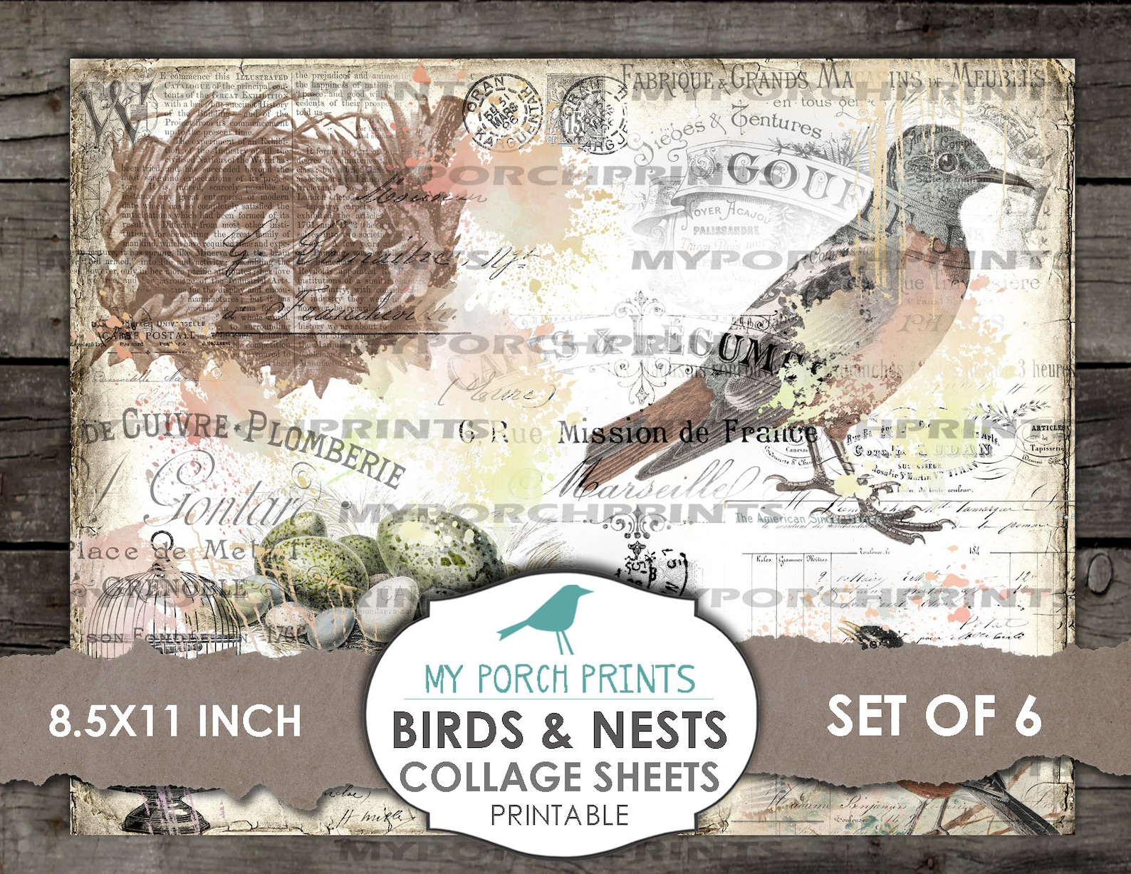 Bird Nest Collage Sheet Journal Page Watercolor My Porch - Etsy