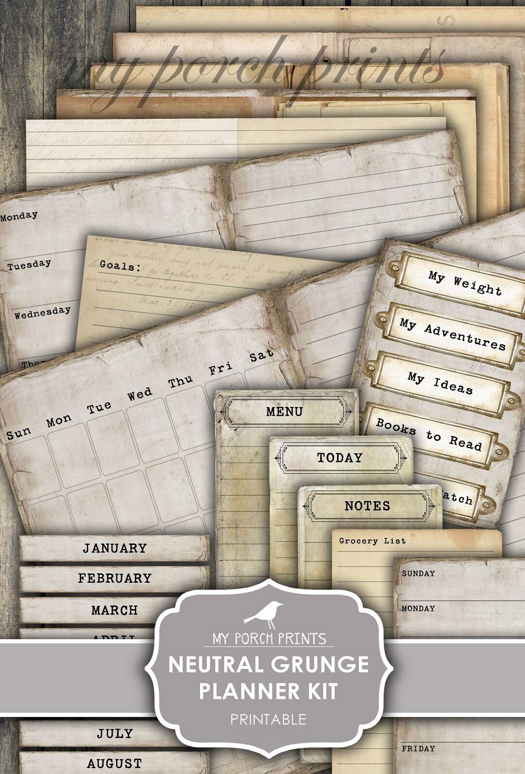 Junk Journal, Planner, Kit, Neutral, Grunge, Calendar, Bullet Journal ...