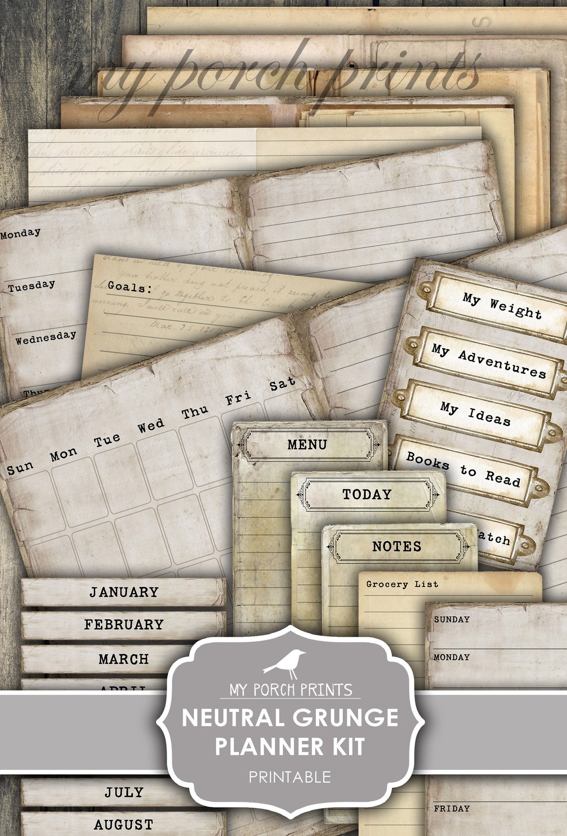 Junk Journal Planner Kit Neutral Grunge Calendar Bullet | Etsy