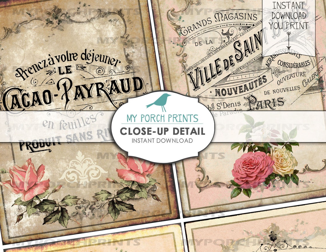 Romantic Typography Cards, French, Rose, ATC, Valentine, Tag, Collage ...