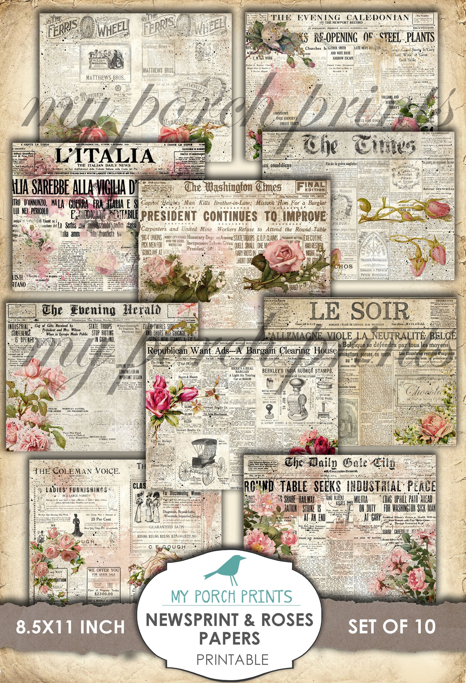 Newspaper Roses, Printable, Paper, Newsprint, Junk Journal, Digital Kit ...