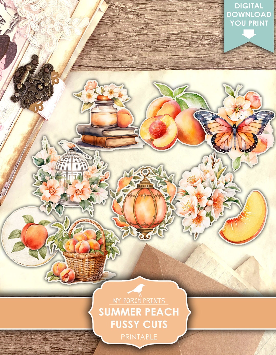 Junk Journal, Summer, Peach, Fussy Cuts, Fruit, Peaches, Orchard, Kit ...