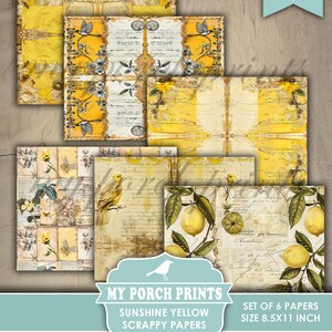 Sunshine Yellow Scrappy Papers, Junk Journal, Pages, Floral, Vintage ...