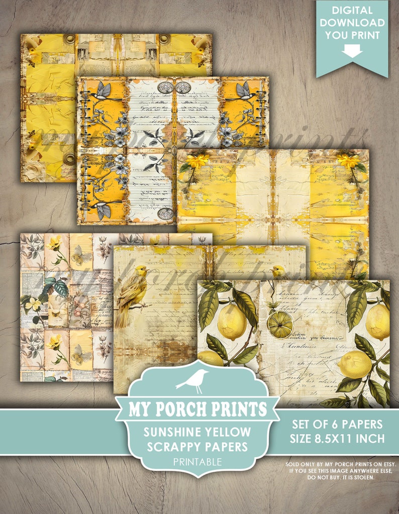 Sunshine Yellow Scrappy Papers, Junk Journal, Pages, Floral, Vintage ...