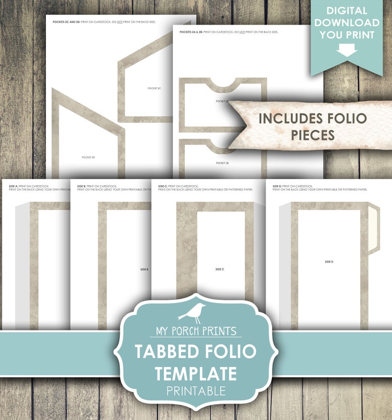 Tabbed Folio Template, Junk Journal, Vintage, Pocket, Folder, Craft Kit ...