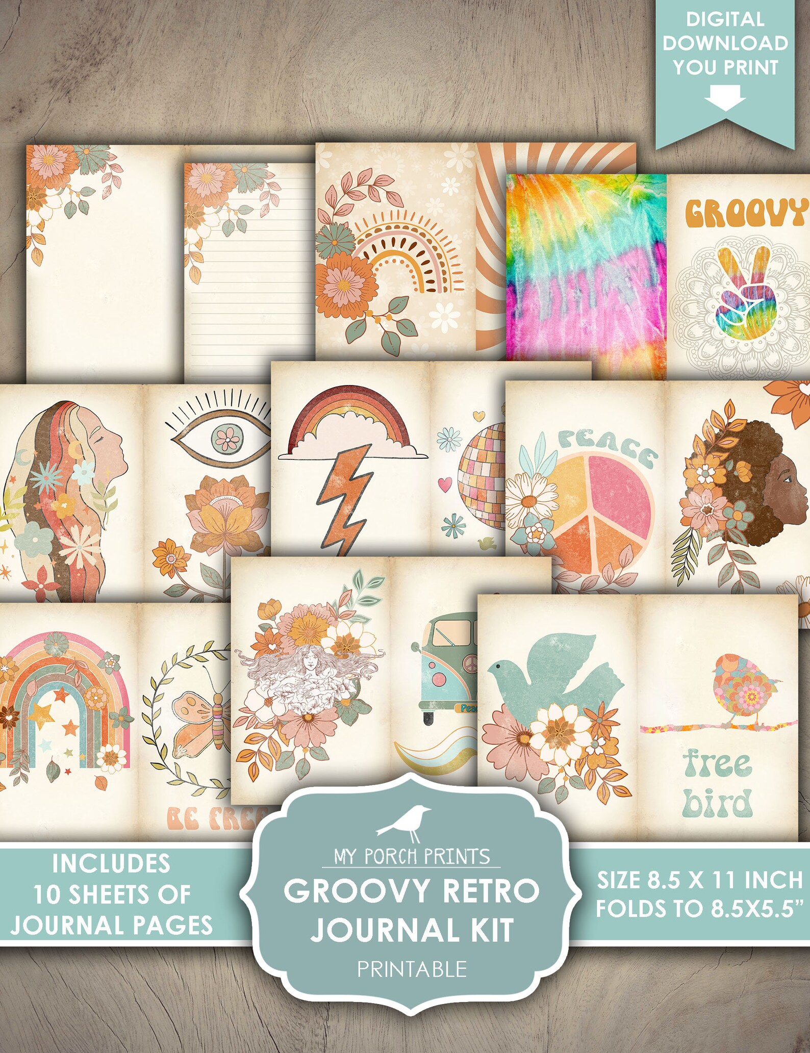 Junk Journal Kit, Groovy, Retro, 60s, 70s, Hippie, Hippy, 1960s, 1970s ...