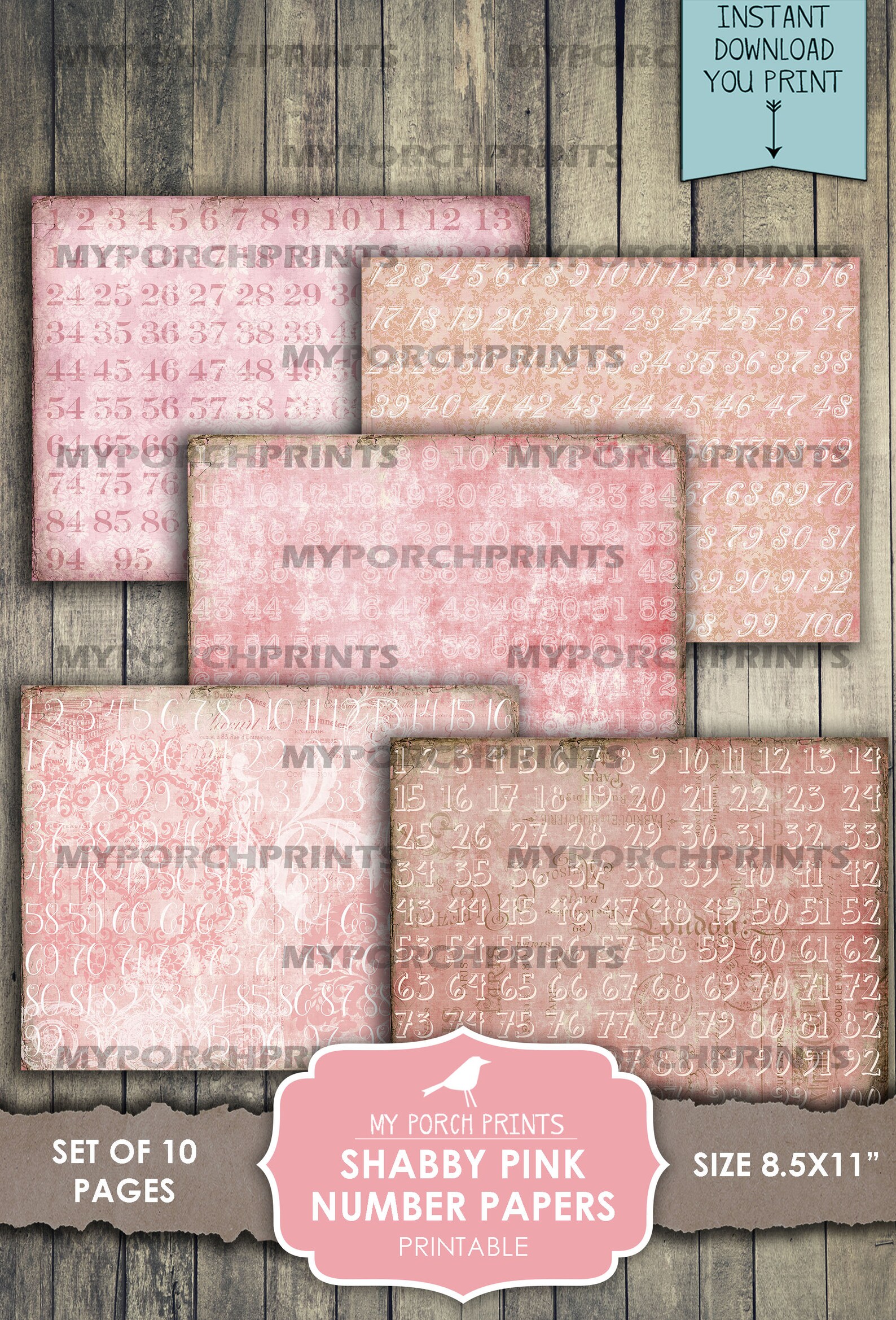 Junk Journal, Number, Papers, Shabby, Pink, Collage Sheets, Printable ...