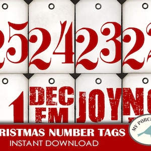 Red Christmas Number Tags, Countdown, Advent, December Daily, Numbers ...
