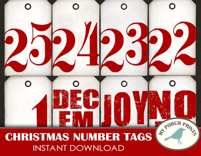 Red Christmas Number Tags, Countdown, Advent, December Daily, Numbers ...