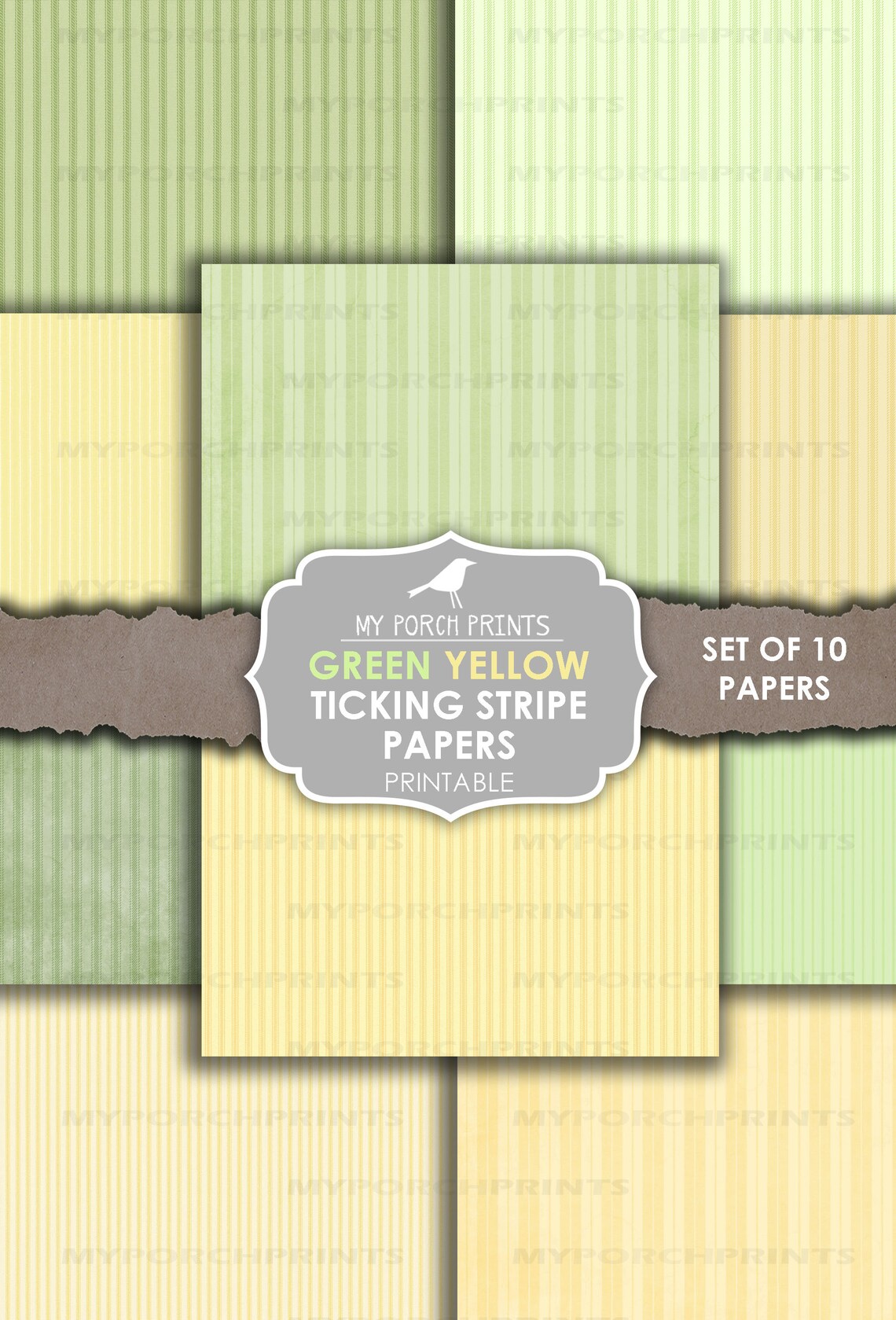 Papers, Ticking Stripe, Green, Yellow, Junk Journal, Printable ...