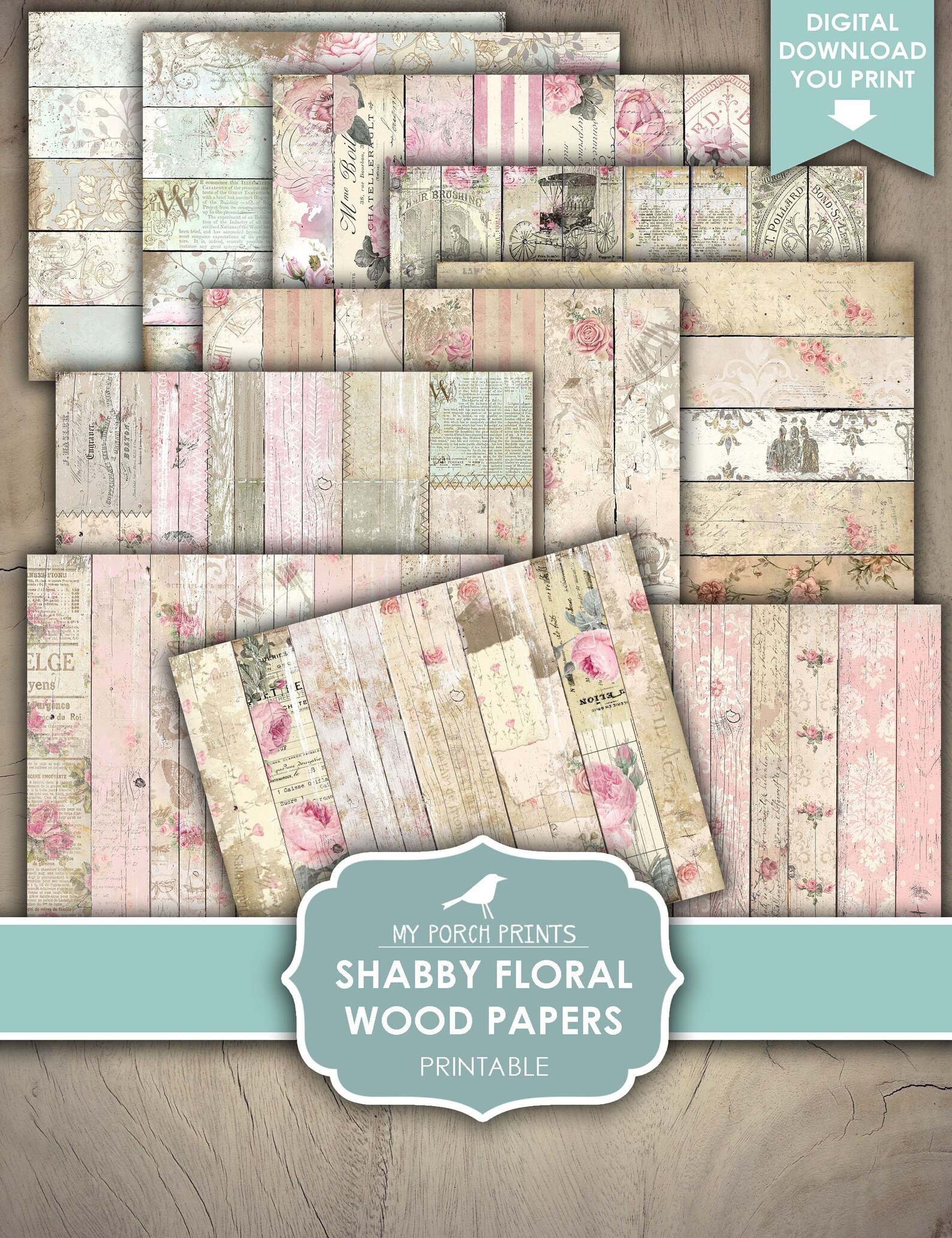 Junk Journal Papers Shabby Wood Floral Rose Pink - Etsy