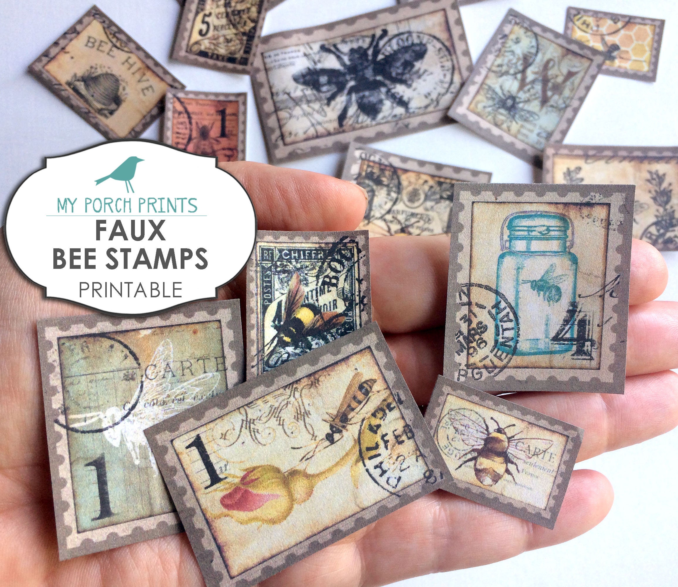 Bee Stamps, Faux, Printable, Junk Journal, Ephemera, Papers, Collage ...