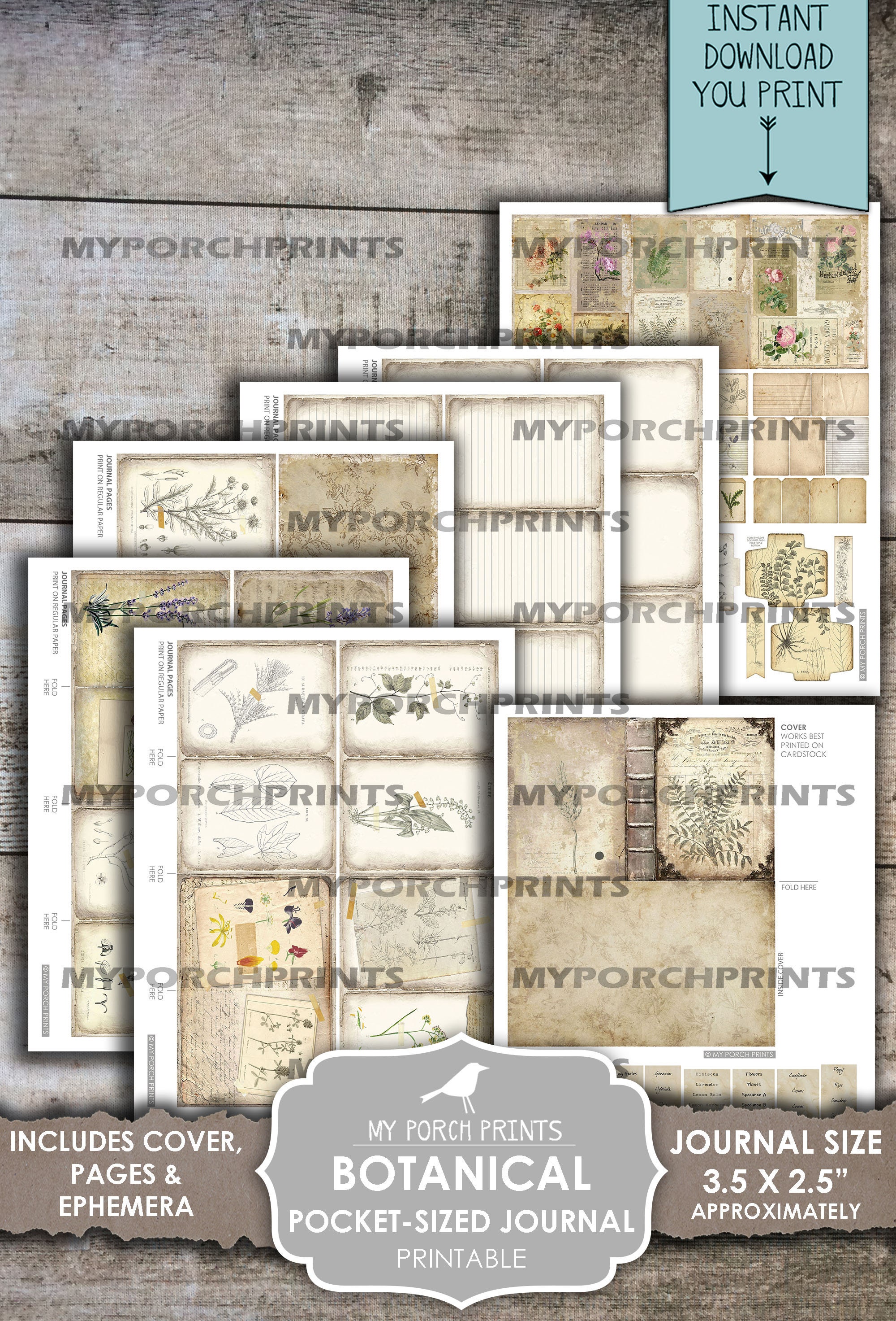 Botanical Pocket Sized Junk Journal Kit, No-sew Ephemera Printable ...