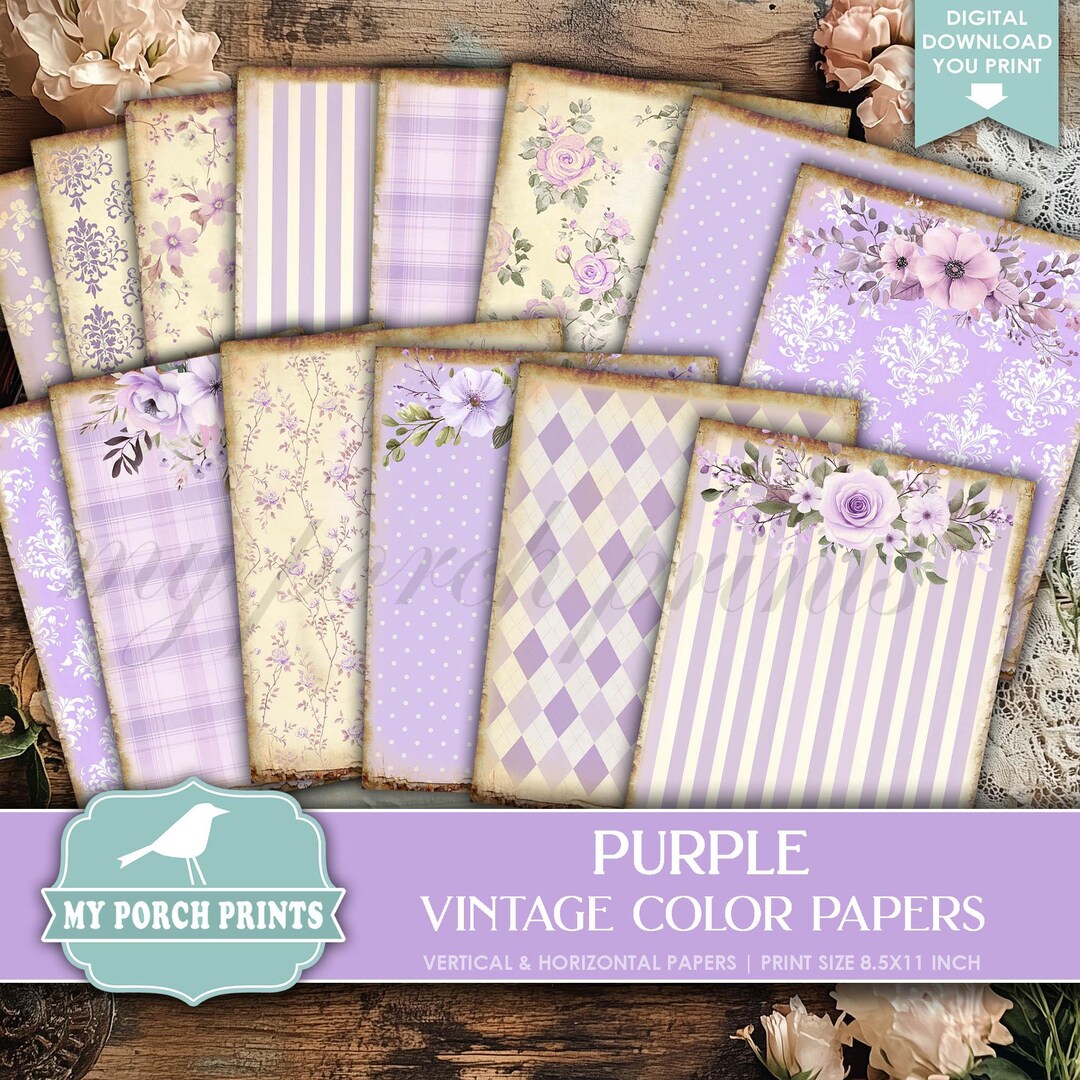 Purple Vintage Color Papers Junk Journal Vertical and Horizontal Floral ...