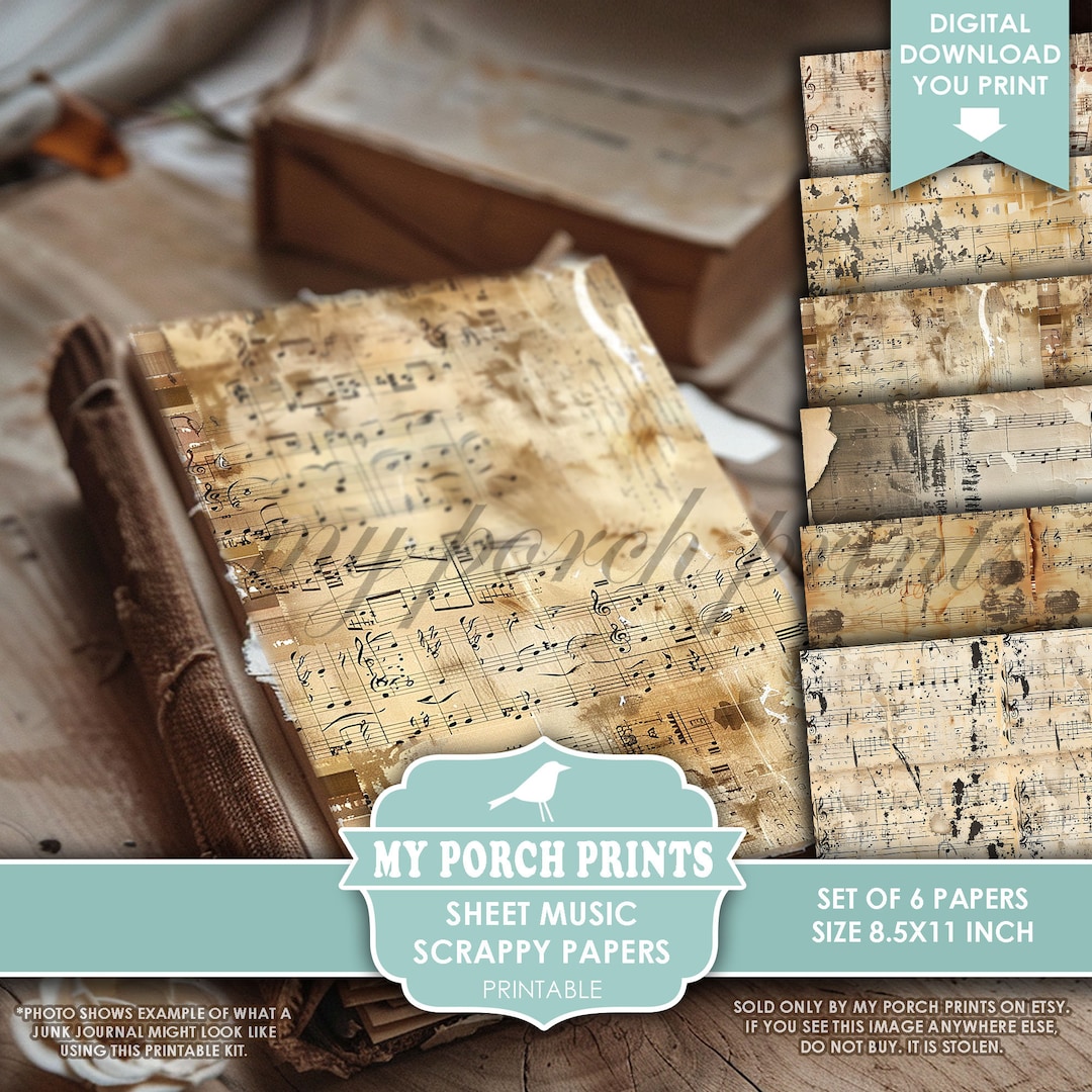 Sheet Music Scrappy Papers, Junk Journal, Pages, Neutral, Vintage ...