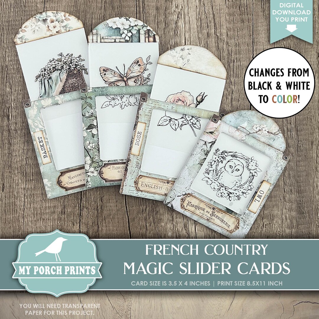 French Country Magic Slider Cards, Junk Journal, Black and White Color ...